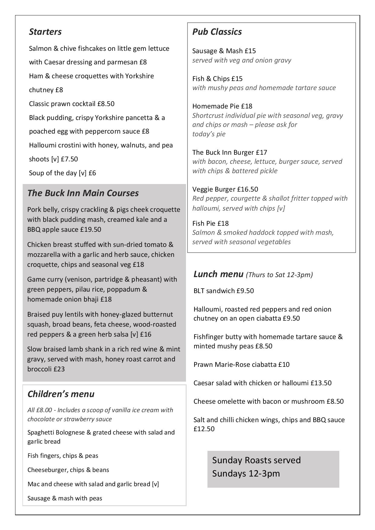 Menu – The Buck Inn at Wrelton