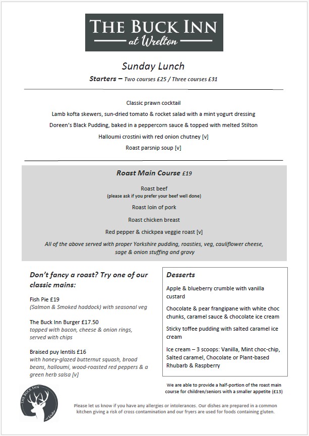 Menu – The Buck Inn at Wrelton